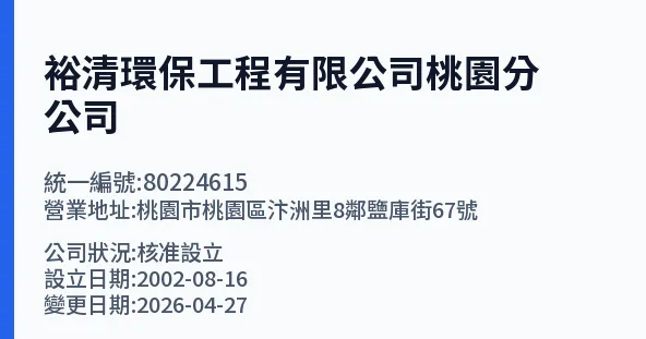 裕清環保工程有限公司桃園分公司的照片-統編 80224615(桃園市) 公司登記資料與營業項目詳細圖表