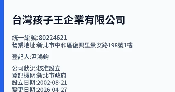 台灣孩子王企業有限公司的照片-統編 80224621(新北市) 公司登記資料與營業項目詳細圖表