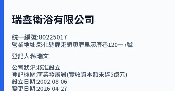 瑞鑫衛浴有限公司的照片-統編 80225017(彰化縣) 公司登記資料與營業項目詳細圖表