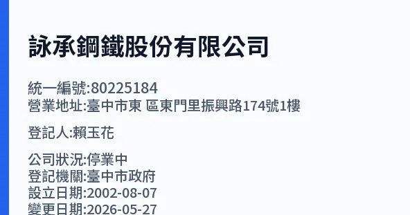 詠承鋼鐵股份有限公司的照片-統編 80225184(臺中市) 公司登記資料與營業項目詳細圖表