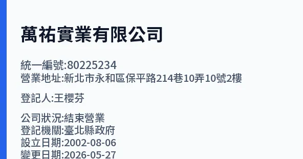 萬祐實業有限公司的照片-統編 80225234(新北市) 公司登記資料與營業項目詳細圖表