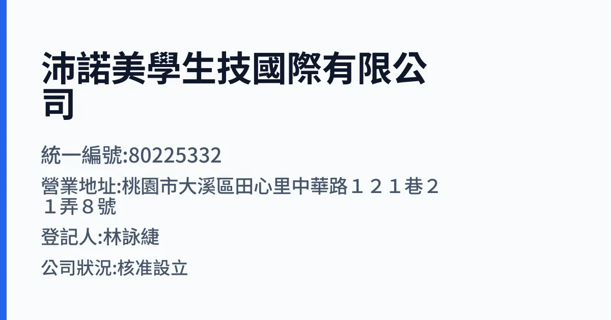 沛諾美學生技國際有限公司 - 統編 80225332(桃園市) 公司登記資料與營業項目詳細圖表