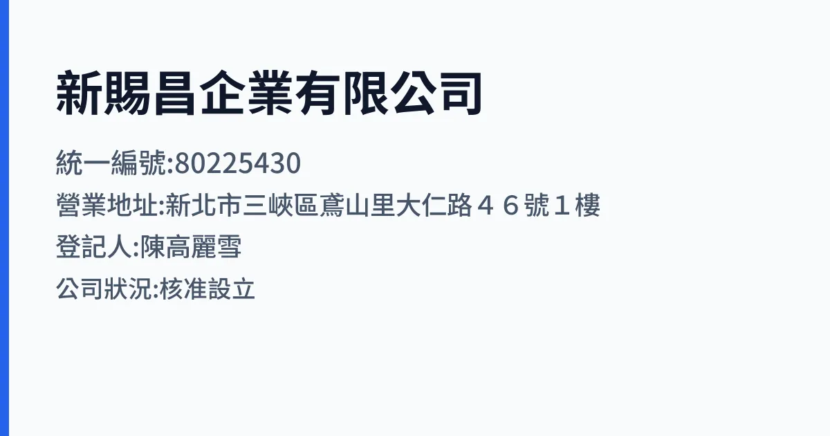 新賜昌企業有限公司 - 統編 80225430(新北市) 公司登記資料與營業項目詳細圖表