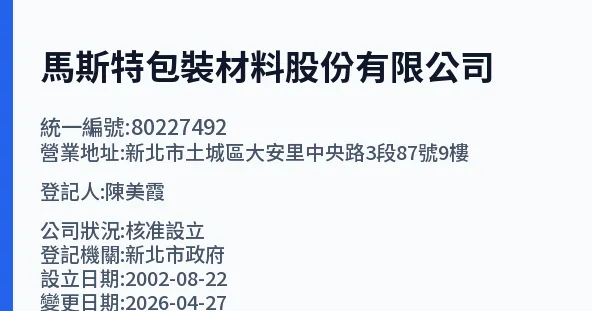 馬斯特包裝材料股份有限公司的照片-統編 80227492(新北市) 公司登記資料與營業項目詳細圖表