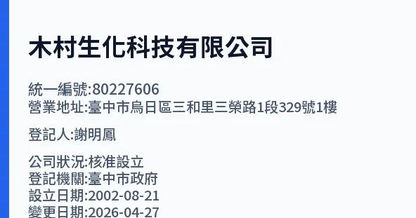 木村生化科技有限公司的照片-統編 80227606(臺中市) 公司登記資料與營業項目詳細圖表