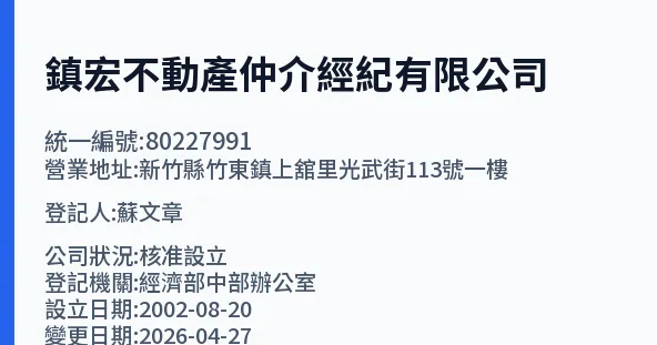 鎮宏不動產仲介經紀有限公司的照片-統編 80227991(新竹縣) 公司登記資料與營業項目詳細圖表