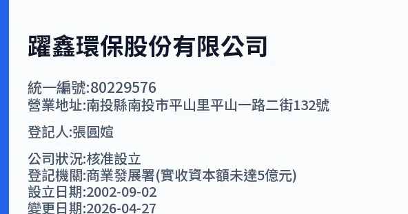 躍鑫環保股份有限公司的照片-統編 80229576(南投縣) 公司登記資料與營業項目詳細圖表