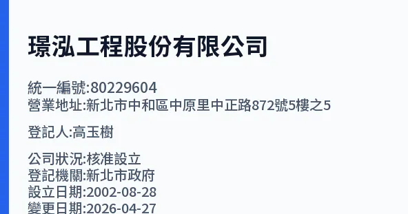 璟泓工程股份有限公司的照片-統編 80229604(新北市) 公司登記資料與營業項目詳細圖表