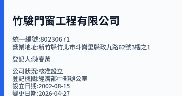 竹駿門窗工程有限公司的照片-統編 80230671(新竹縣) 公司登記資料與營業項目詳細圖表