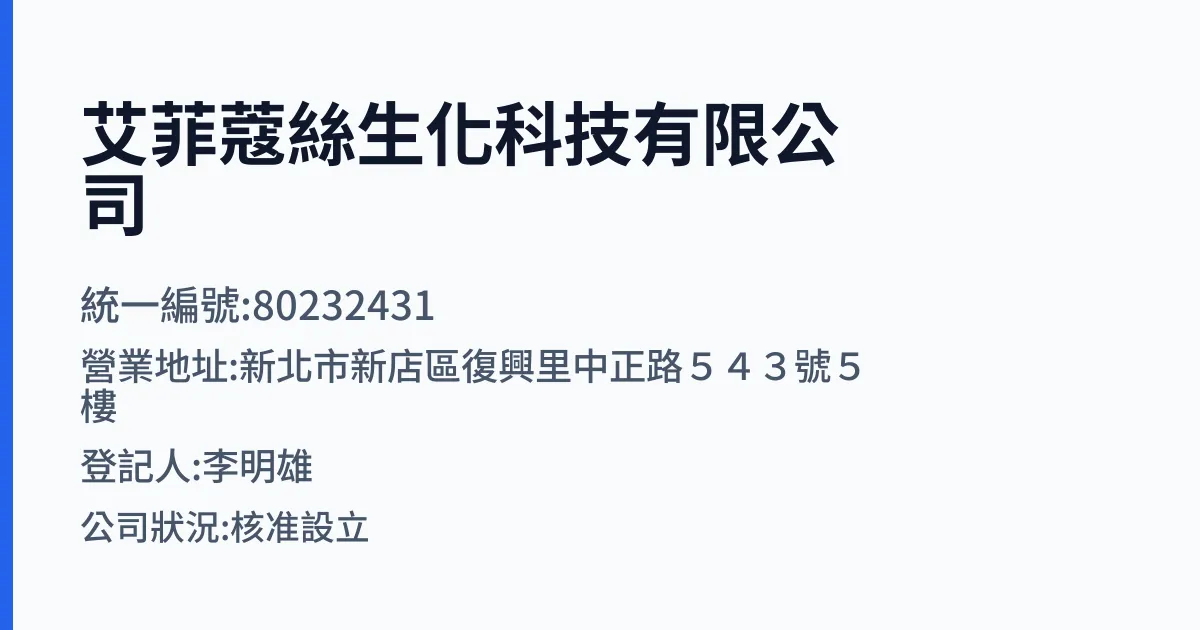 艾菲蔻絲生化科技有限公司 - 統編 80232431(新北市) 公司登記資料與營業項目詳細圖表
