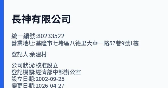 長神有限公司的照片-統編 80233522(基隆市) 公司登記資料與營業項目詳細圖表
