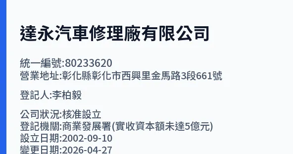 達永汽車修理廠有限公司的照片-統編 80233620(彰化縣) 公司登記資料與營業項目詳細圖表