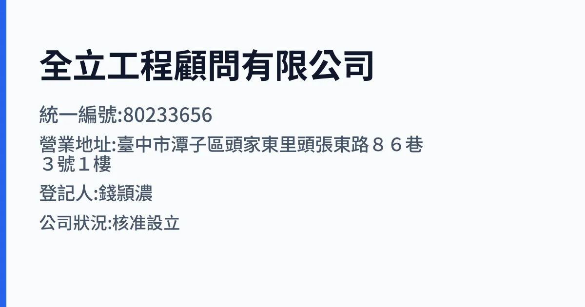 全立工程顧問有限公司 - 統編 80233656(臺中市) 公司登記資料與營業項目詳細圖表