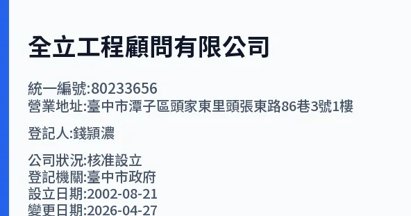 全立工程顧問有限公司的照片-統編 80233656(臺中市) 公司登記資料與營業項目詳細圖表