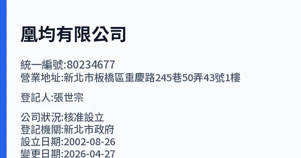 凰均有限公司的照片-統編 80234677(新北市) 公司登記資料與營業項目詳細圖表