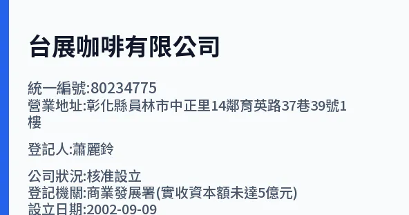台展咖啡有限公司的照片-統編 80234775(彰化縣) 公司登記資料與營業項目詳細圖表