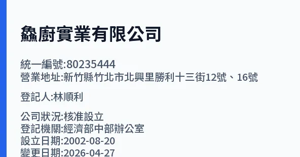 鱻廚實業有限公司的照片-統編 80235444(新竹縣) 公司登記資料與營業項目詳細圖表