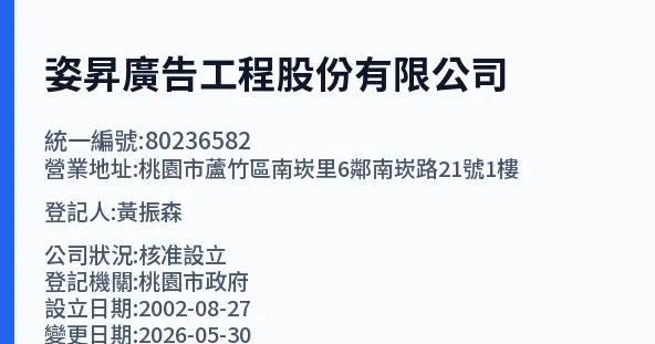 姿昇廣告工程股份有限公司的照片-統編 80236582(桃園市) 公司登記資料與營業項目詳細圖表