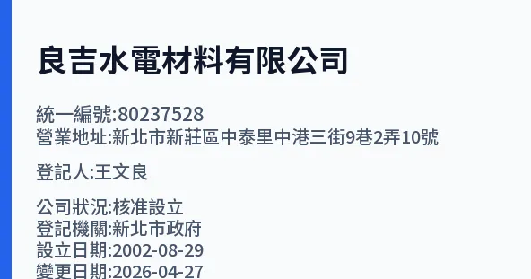 良吉水電材料有限公司的照片-統編 80237528(新北市) 公司登記資料與營業項目詳細圖表