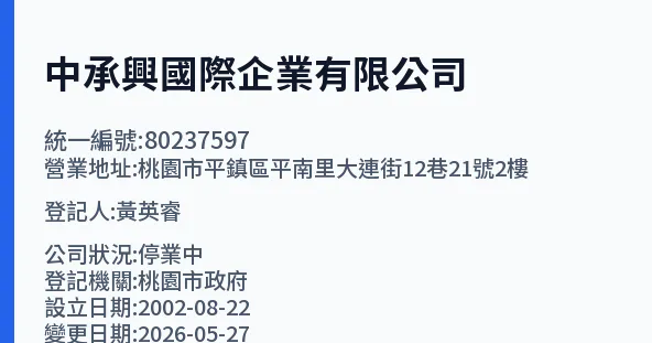 中承興國際企業有限公司的照片-統編 80237597(桃園市) 公司登記資料與營業項目詳細圖表