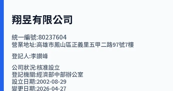翔昱有限公司的照片-統編 80237604(高雄市) 公司登記資料與營業項目詳細圖表
