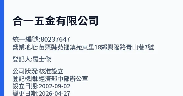 合一五金有限公司的照片-統編 80237647(苗栗縣) 公司登記資料與營業項目詳細圖表