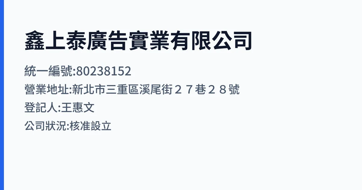 鑫上泰廣告實業有限公司 - 統編 80238152(新北市) 公司登記資料與營業項目詳細圖表
