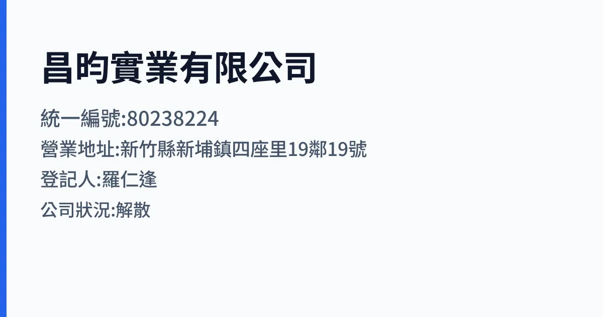 昌昀實業有限公司 - 統編 80238224(新竹縣) 公司登記資料與營業項目詳細圖表