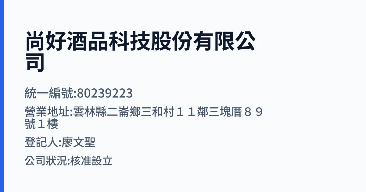 尚好酒品科技股份有限公司 - 統編 80239223(雲林縣) 公司登記資料與營業項目詳細圖表