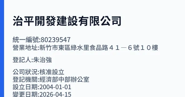 治平開發建設有限公司的照片-統編 80239547(新竹市) 公司登記資料與營業項目詳細圖表