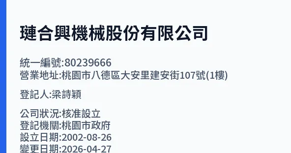 璉合興機械股份有限公司的照片-統編 80239666(桃園市) 公司登記資料與營業項目詳細圖表