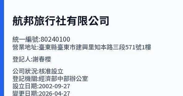 航邦旅行社有限公司的照片-統編 80240100(臺東縣) 公司登記資料與營業項目詳細圖表