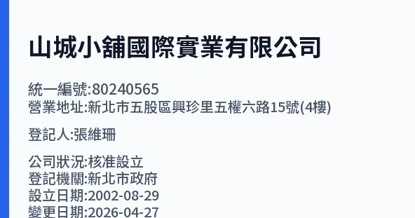 山城小舖國際實業有限公司的照片-統編 80240565(新北市) 公司登記資料與營業項目詳細圖表