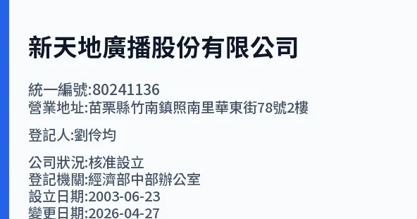 新天地廣播股份有限公司的照片-統編 80241136(苗栗縣) 公司登記資料與營業項目詳細圖表