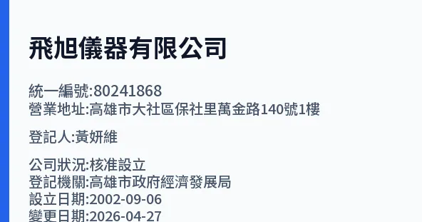 飛旭儀器有限公司的照片-統編 80241868(高雄市) 公司登記資料與營業項目詳細圖表