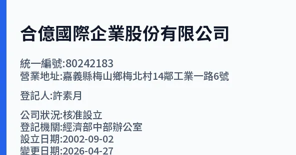 合億國際企業股份有限公司的照片-統編 80242183(嘉義縣) 公司登記資料與營業項目詳細圖表