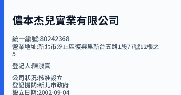 儂本杰兒實業有限公司的照片-統編 80242368(新北市) 公司登記資料與營業項目詳細圖表