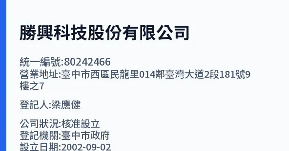 勝興科技股份有限公司的照片-統編 80242466(臺中市) 公司登記資料與營業項目詳細圖表