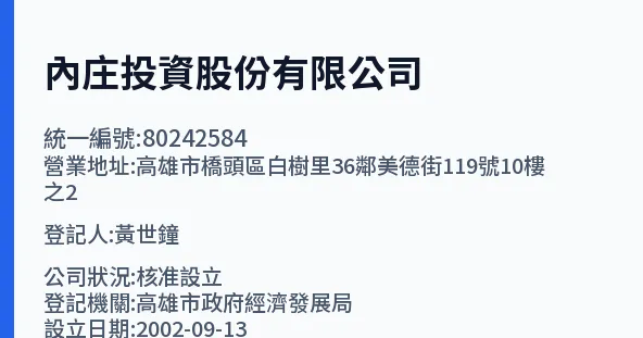內庄投資股份有限公司的照片-統編 80242584(高雄市) 公司登記資料與營業項目詳細圖表