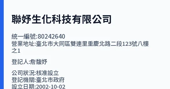 聯妤生化科技有限公司的照片-統編 80242640(臺北市) 公司登記資料與營業項目詳細圖表