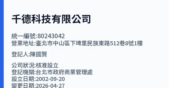 千德科技有限公司的照片-統編 80243042(臺北市) 公司登記資料與營業項目詳細圖表