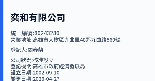 奕和有限公司的照片-統編 80243280(高雄市) 公司登記資料與營業項目詳細圖表