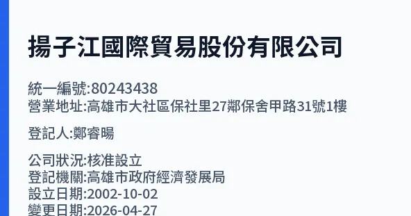 揚子江國際貿易股份有限公司的照片-統編 80243438(高雄市) 公司登記資料與營業項目詳細圖表
