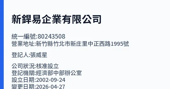 新銲易企業有限公司的照片-統編 80243508(新竹縣) 公司登記資料與營業項目詳細圖表