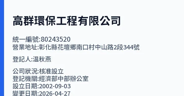 高群環保工程有限公司的照片-統編 80243520(彰化縣) 公司登記資料與營業項目詳細圖表