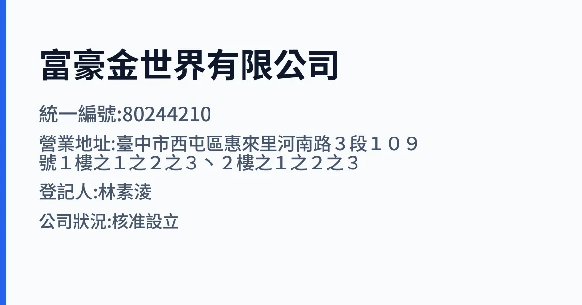 富豪金世界有限公司 - 統編 80244210(臺中市) 公司登記資料與營業項目詳細圖表