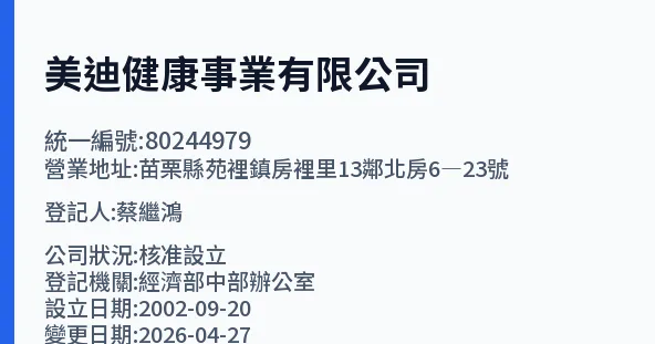 美迪健康事業有限公司的照片-統編 80244979(苗栗縣) 公司登記資料與營業項目詳細圖表
