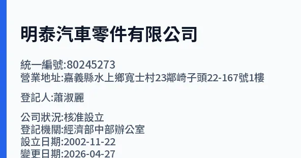 明泰汽車零件有限公司的照片-統編 80245273(嘉義縣) 公司登記資料與營業項目詳細圖表