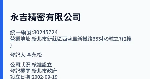 永吉精密有限公司的照片-統編 80245724(新北市) 公司登記資料與營業項目詳細圖表