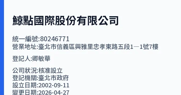 鯨點國際股份有限公司的照片-統編 80246771(臺北市) 公司登記資料與營業項目詳細圖表